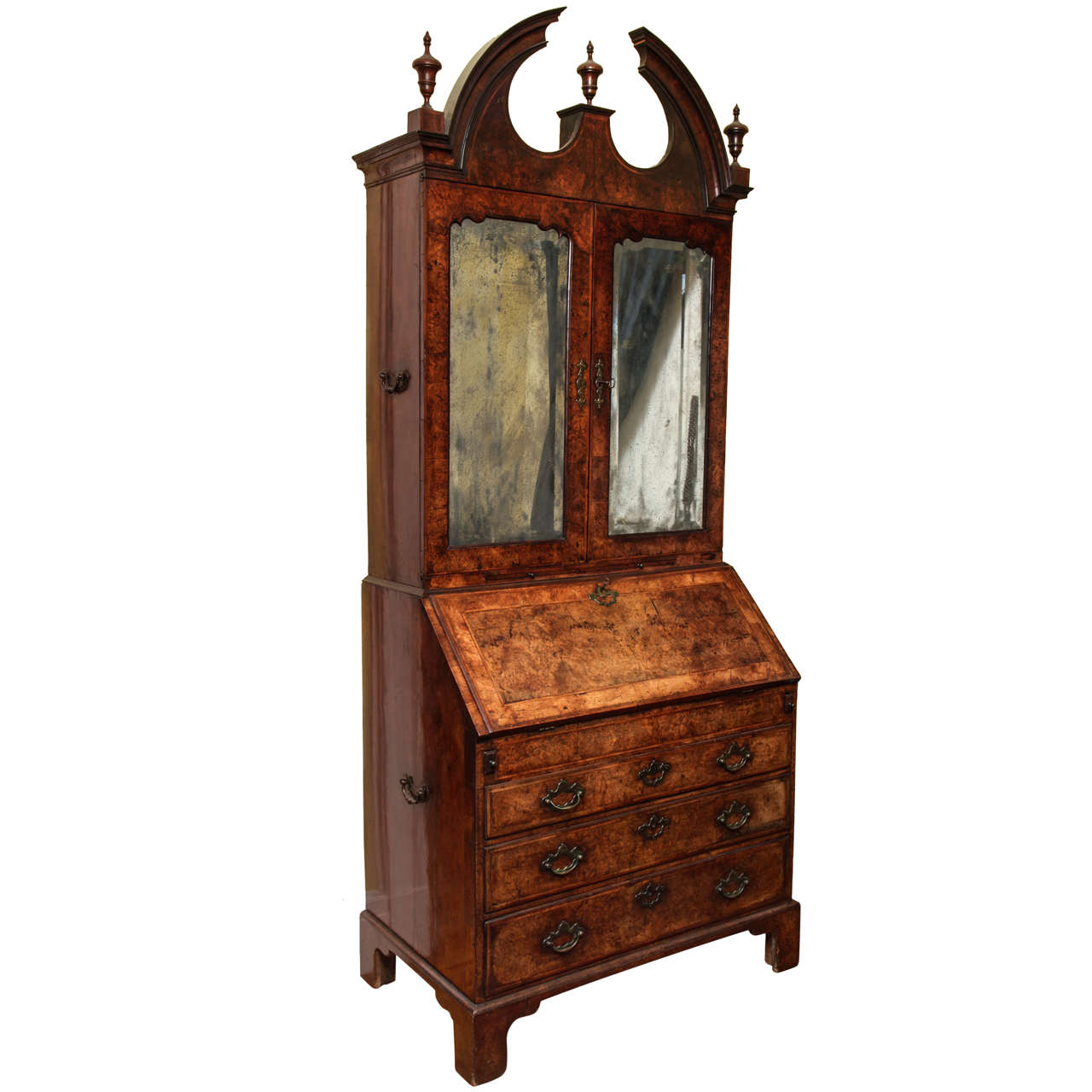 George I Figured Walnut Bureau Bookcase with Mirror Doors For Sale at ...
