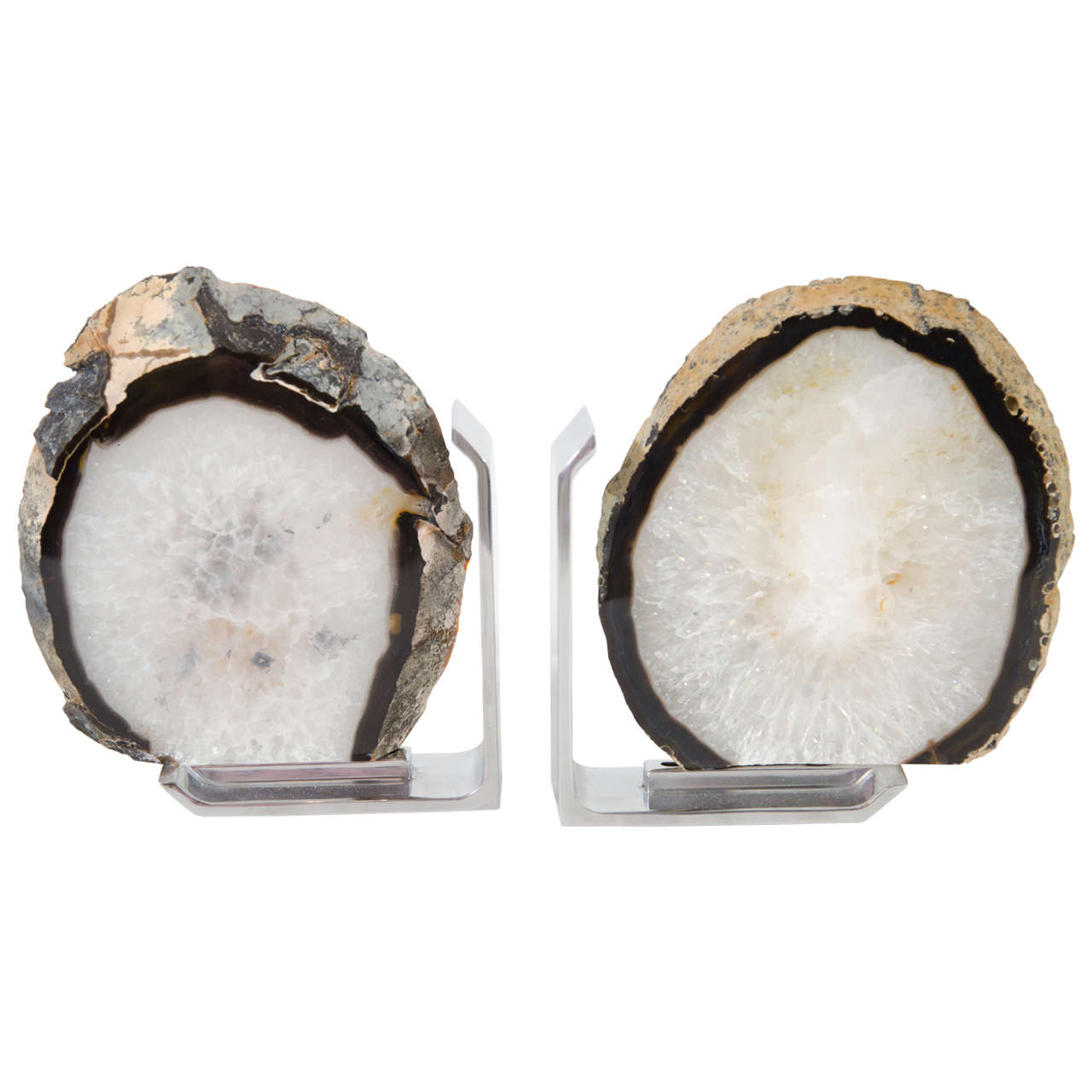 Pair of Natural and Polished Agate Stone Bookends with Modernist Chrome ...