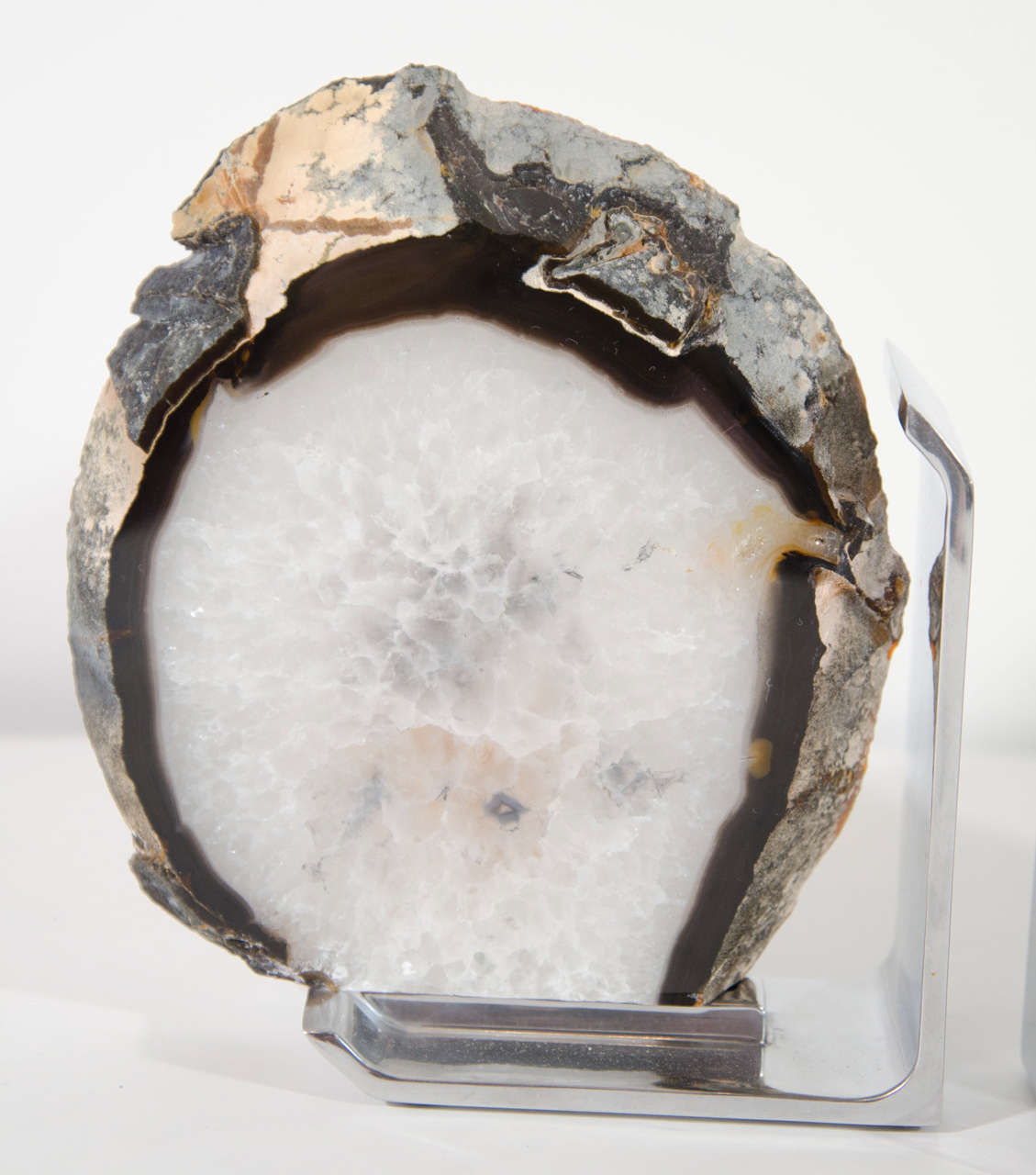Pair of Natural and Polished Agate Stone Bookends with Modernist Chrome ...