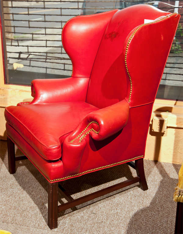 Pair of Red Leather Wing Chairs at 1stDibs