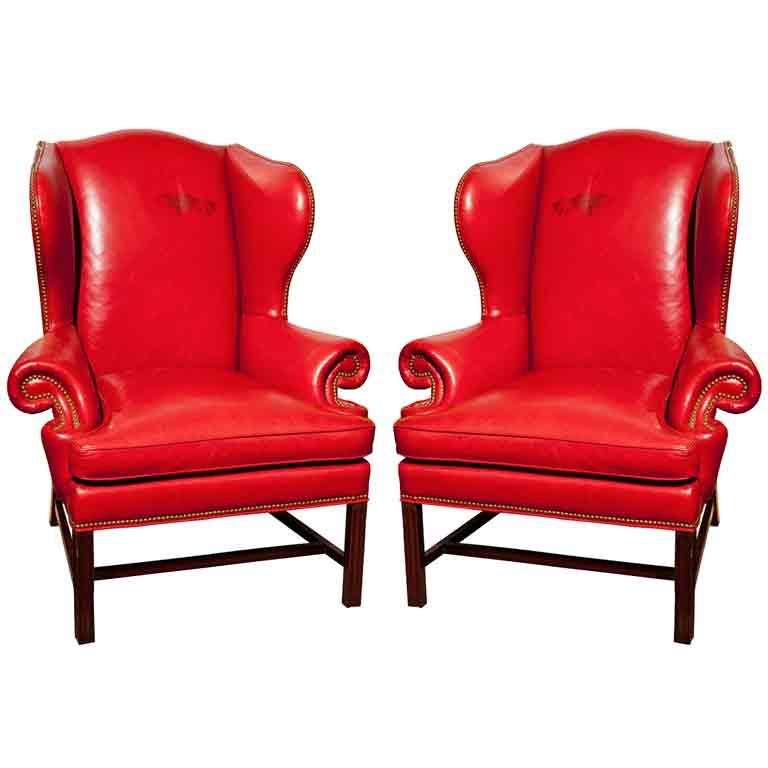 Pair of Red Leather Wing Chairs at 1stDibs