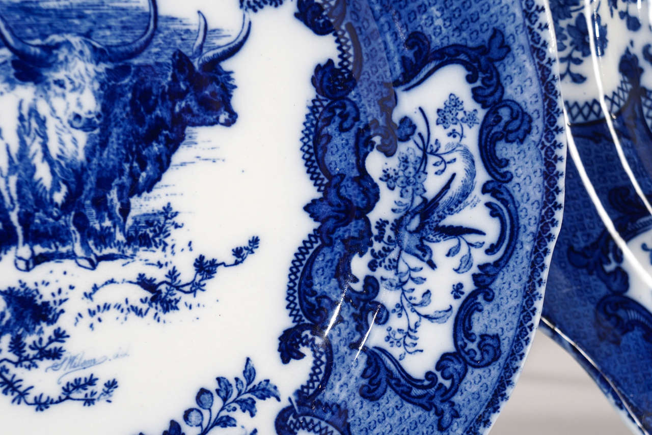 Set Doulton Lambeth Blue Transfer Scottish Highland Cattle Plates w ...