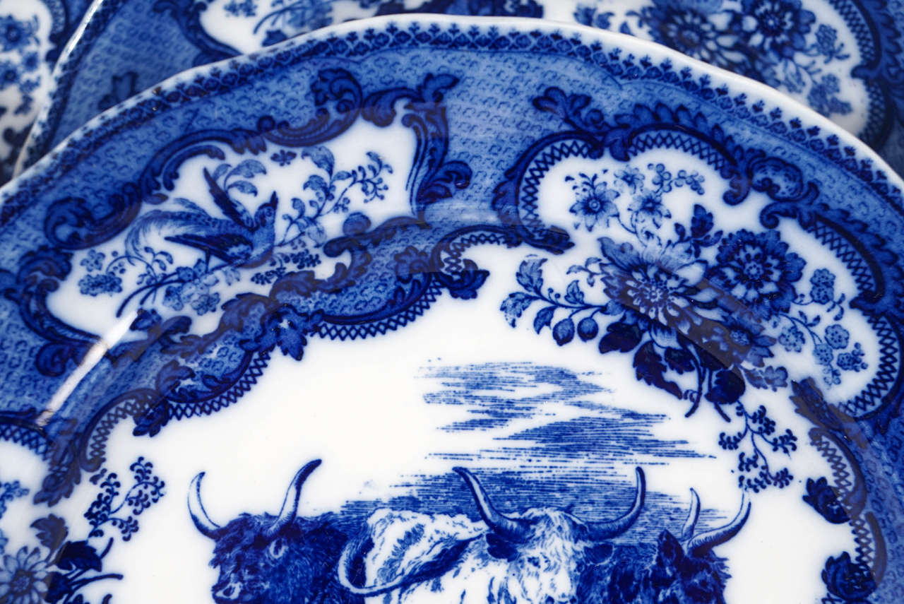 Set Doulton Lambeth Blue Transfer Scottish Highland Cattle Plates w ...