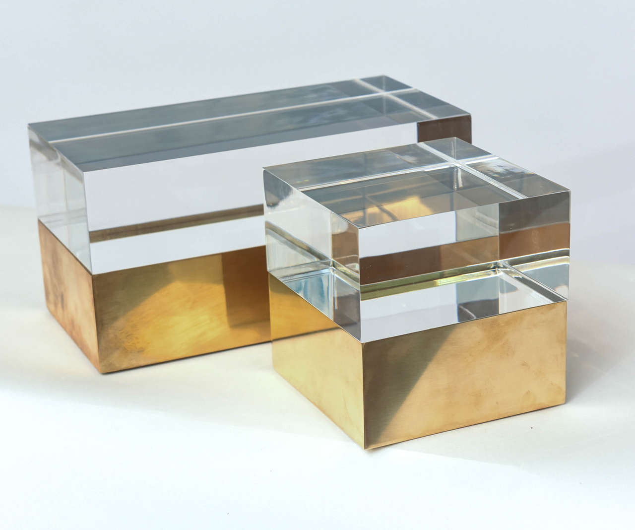 Mies Acrylic Boxes in Vintage Brass For Sale at 1stDibs