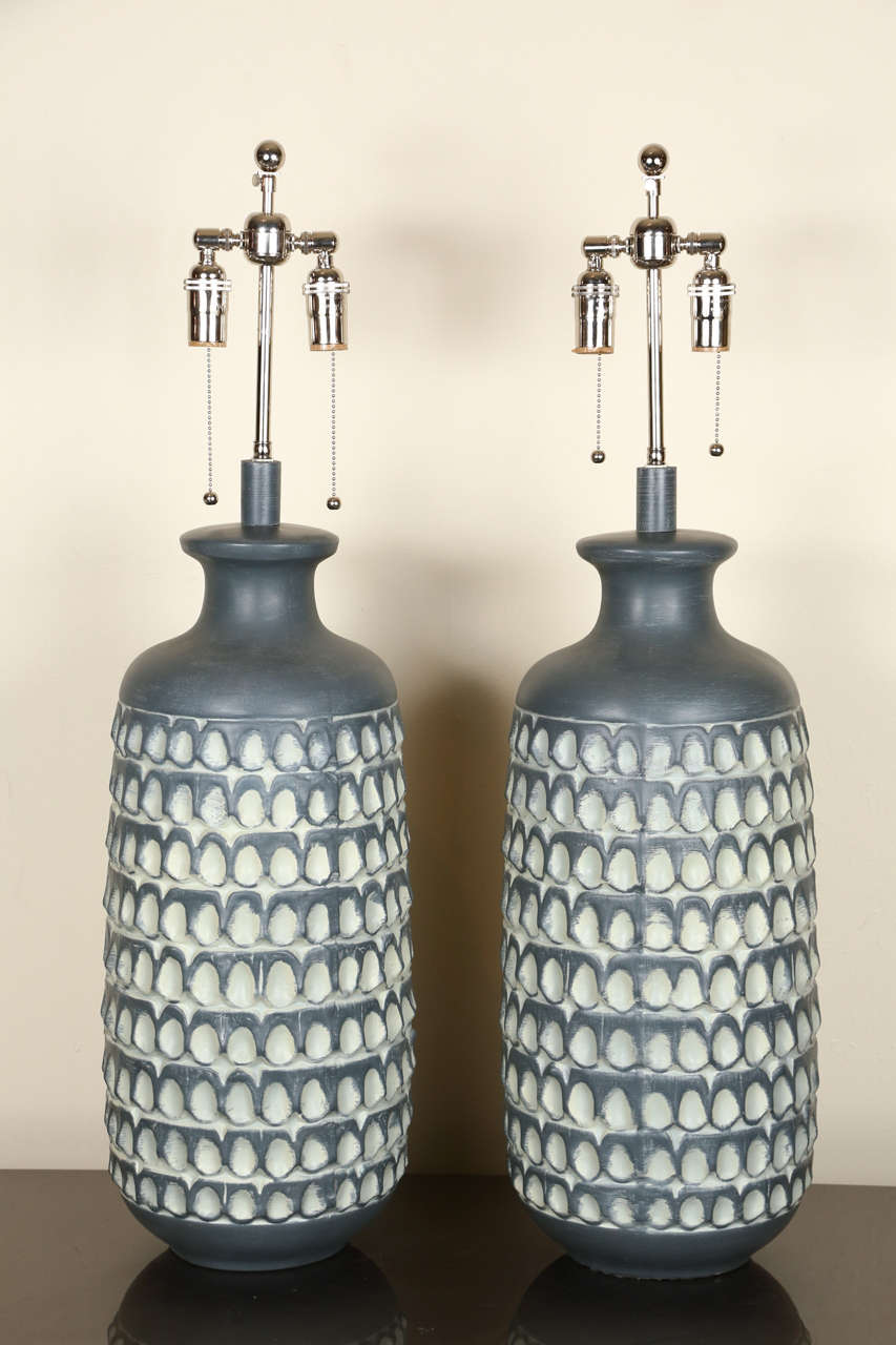 Pair of Large Matte Glazed Ceramic Lamps with Embossed Thumbprint ...