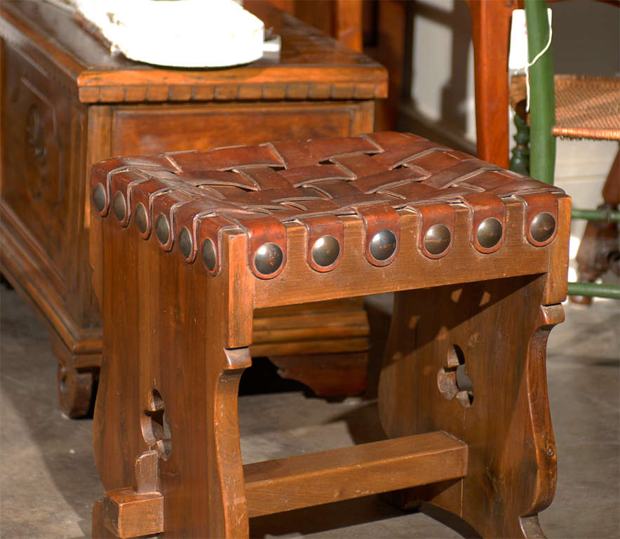 Spanish Woven Leather Top Stool with Trestle Base and Pierced Motifs ...