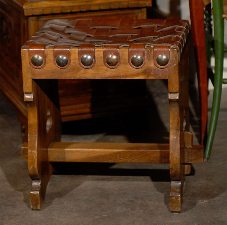 Spanish Woven Leather Top Stool with Trestle Base and Pierced Motifs ...