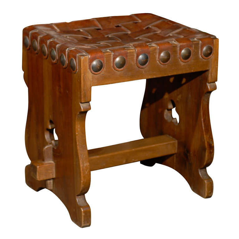 Spanish Woven Leather Top Stool with Trestle Base and Pierced Motifs ...