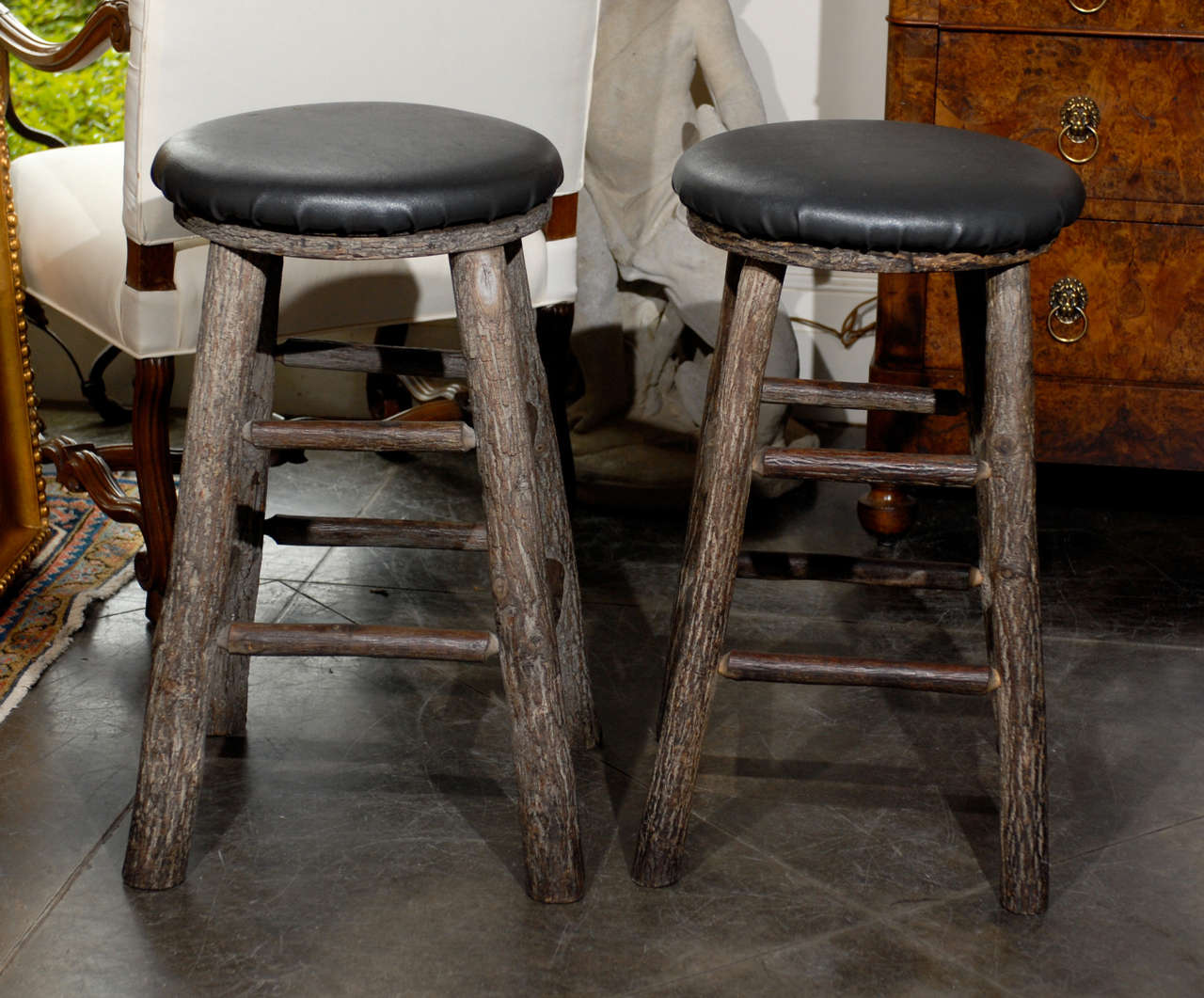 10 Round Rustic Vintage Bar Stools with Tree Logs Legs from the 20th ...