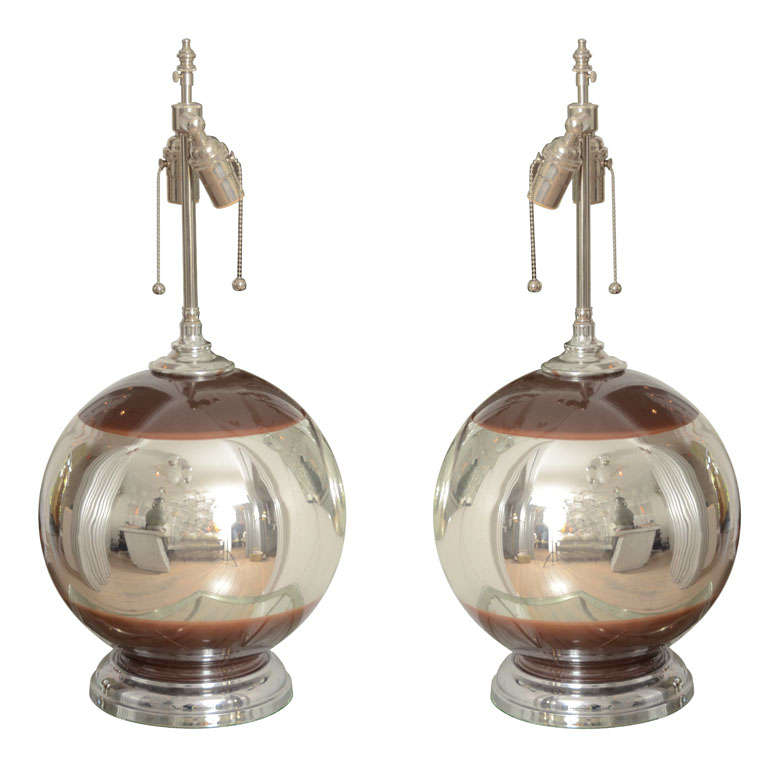 Pair of Round Mercury Lamps with Brown Accents with Chrome Base at 1stDibs