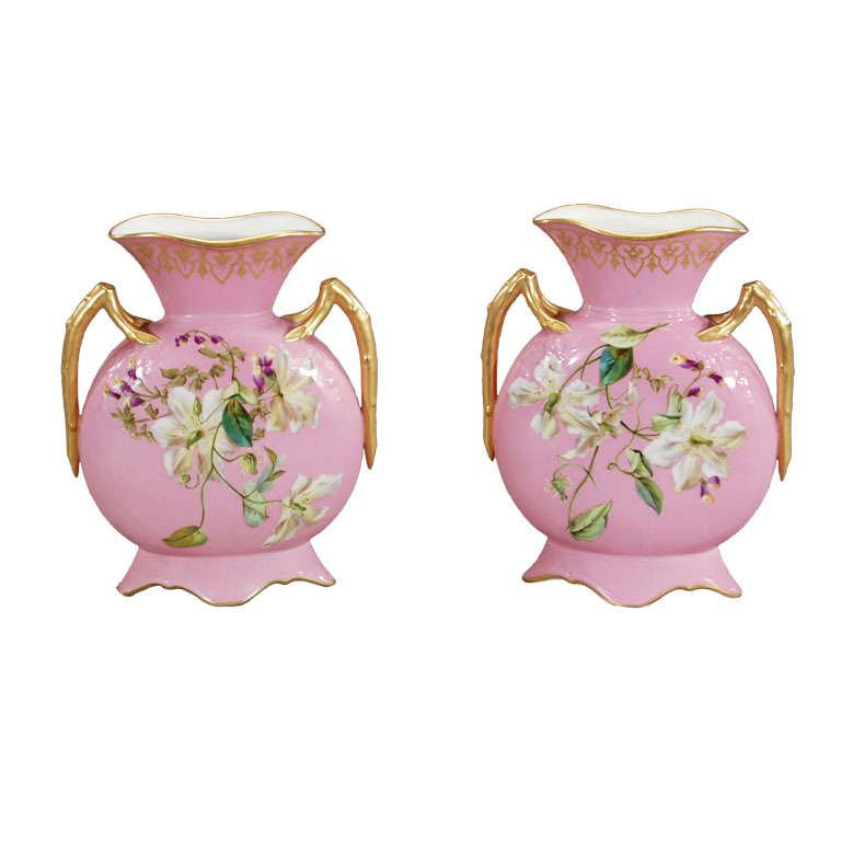 Pair of T. Haviland Hand-Painted Pink Rose Mantle Vases Aesthetic ...