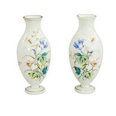 Large Pair of Tall Opaline Vases with Painted Bird and Floral ...