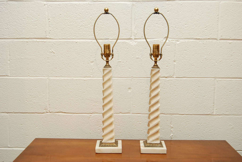 A Pair of Serpentine Alabaster Candlestick Lamps at 1stDibs