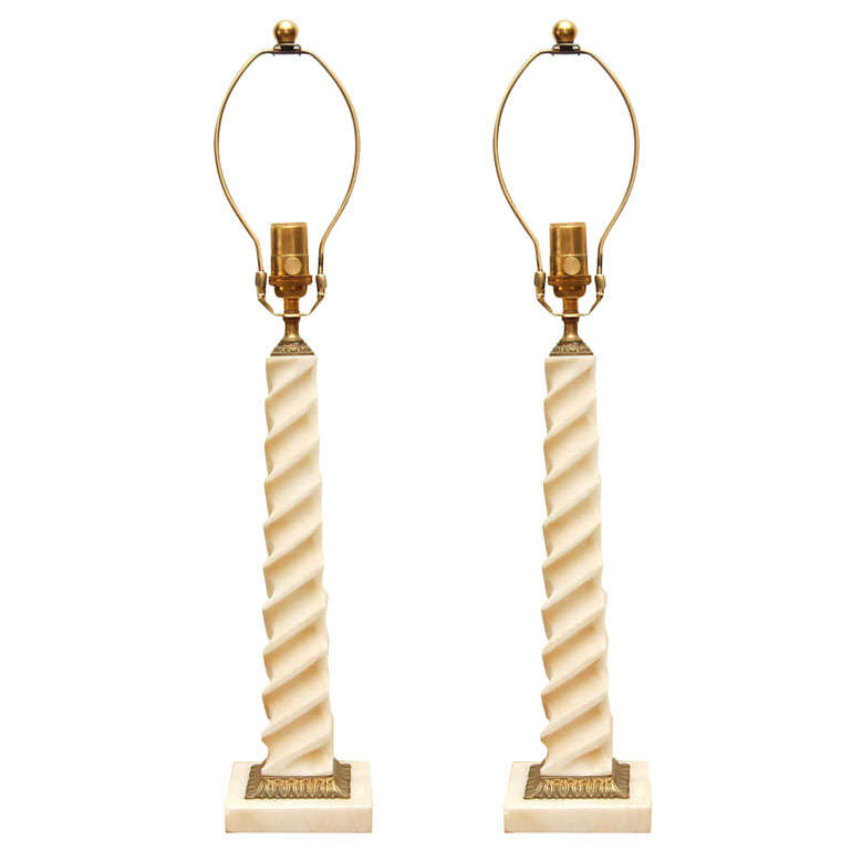 A Pair of Serpentine Alabaster Candlestick Lamps at 1stDibs