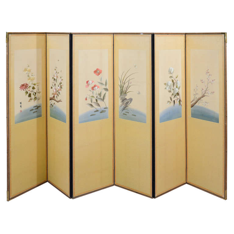 Korean Art Deco Period Six Panel Embroidered Screen For Sale at 1stDibs ...