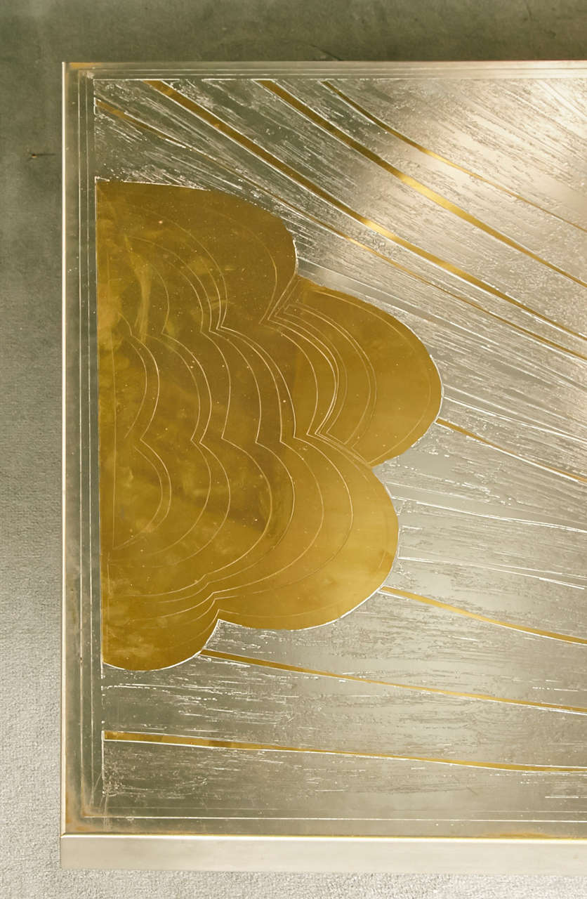 Refined coffee table, with engraved steel and brass patterns, 1970s For ...