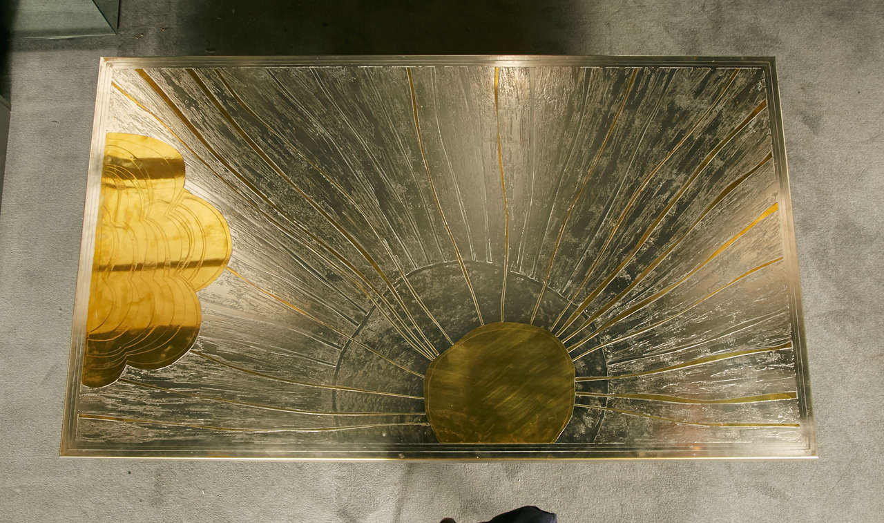 Refined coffee table, with engraved steel and brass patterns, 1970s For ...