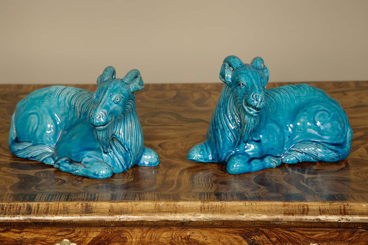 Pair of Turquoise Glazed Porcelain Rams, Early Qing Dynasty, 19th ...