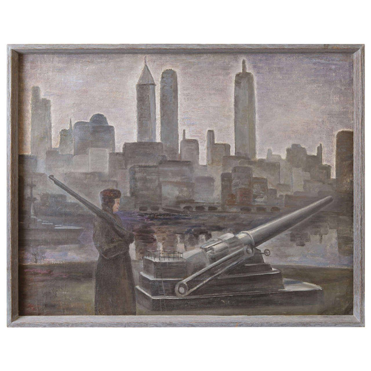John Muir, Oil on Canvas, WPA Skyscraper, Military Waterfront Scene For ...
