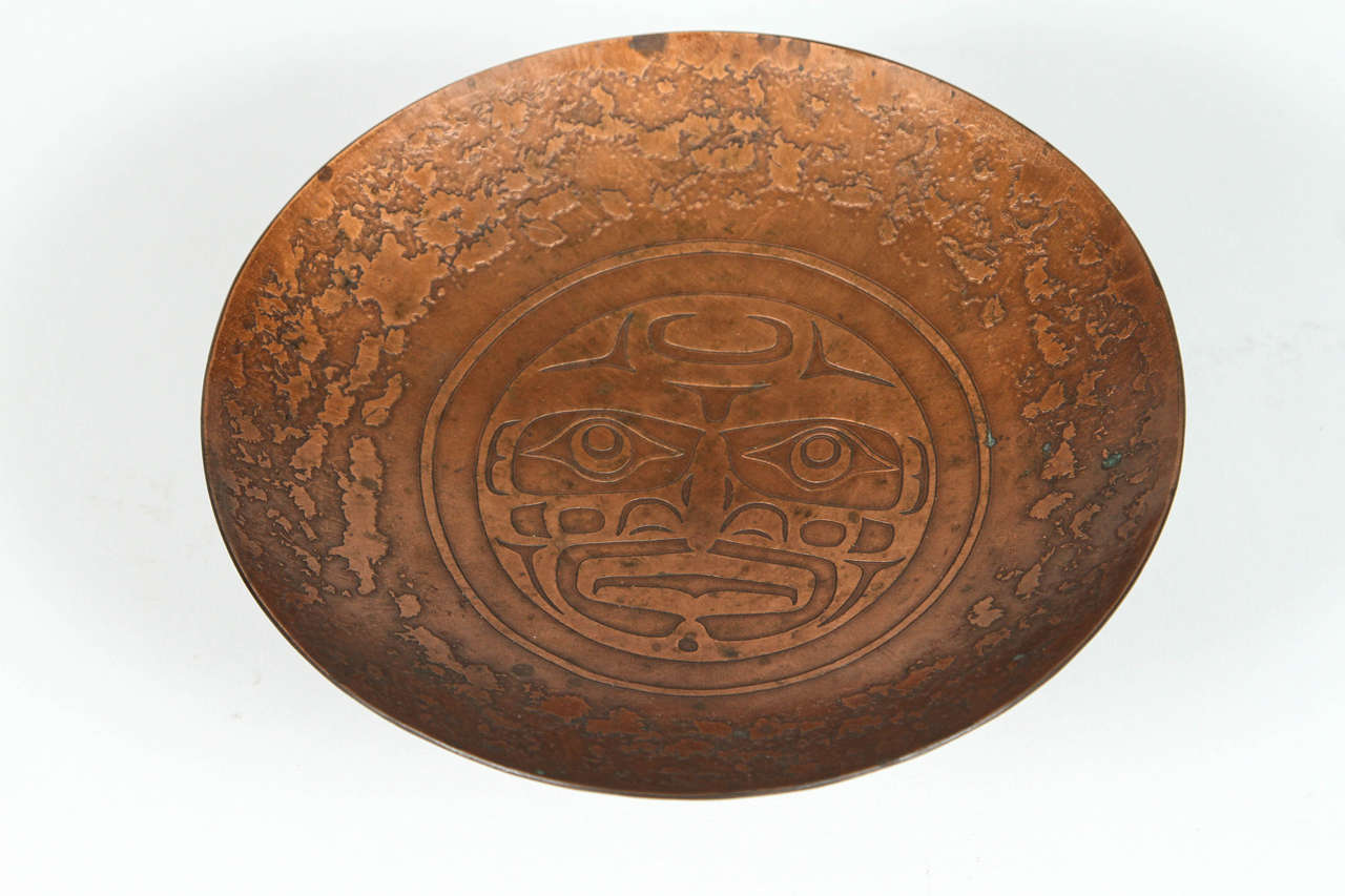 Small Incise Copper Footed Bowl with Aztec Pattern For Sale at 1stDibs