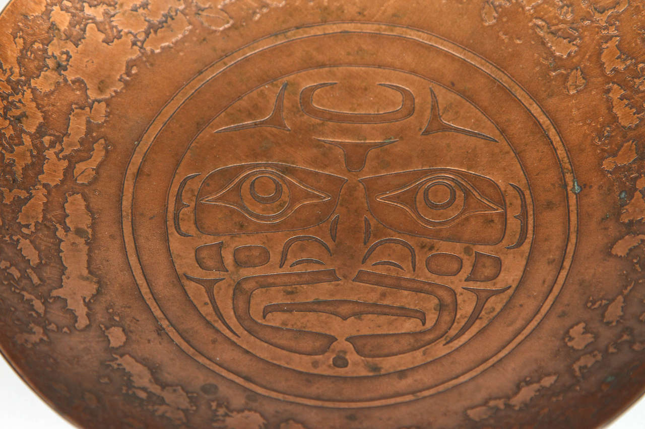 Small Incise Copper Footed Bowl with Aztec Pattern For Sale at 1stDibs