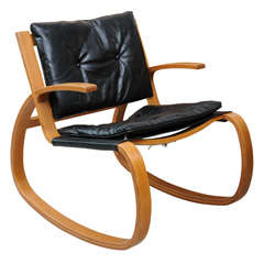 Sculptural 70,s Leather and Wood Rocking Chair at 1stDibs