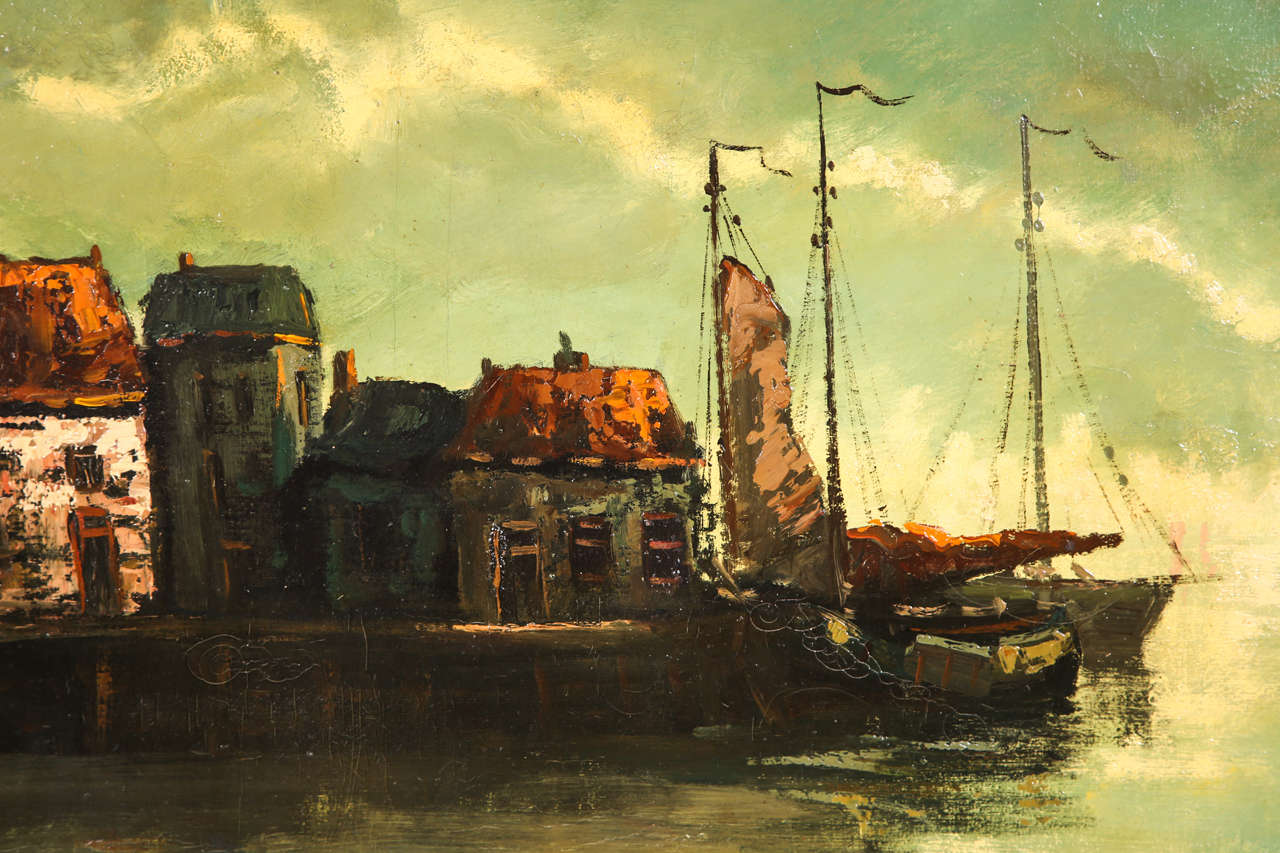 Vintage Oil Painting of Harbor Scene at 1stDibs