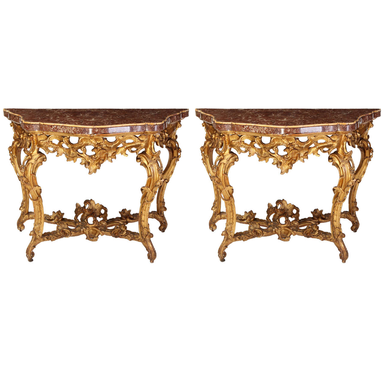 Fine Pair of Roman Mid-18th Century Giltwood Rococo Consoles at 1stDibs
