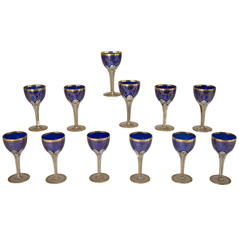 12 Bohemian / Moser Cobalt Cut to Clear Wine Goblets with Gold Enamel ...