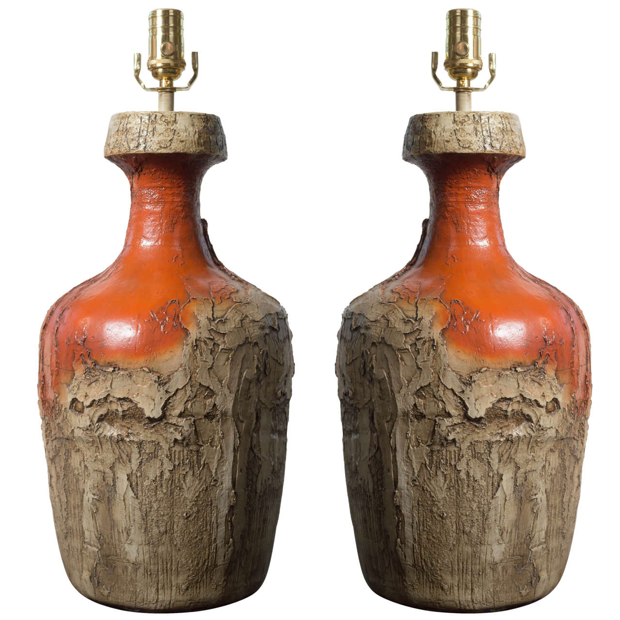 Pair of Orange Mud Cast Ceramic Lamps at 1stDibs