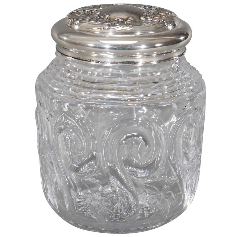 J. Hoare Art Nouveau Cut Crystal Humidor w/ Tiffany and Co. Sterling ...