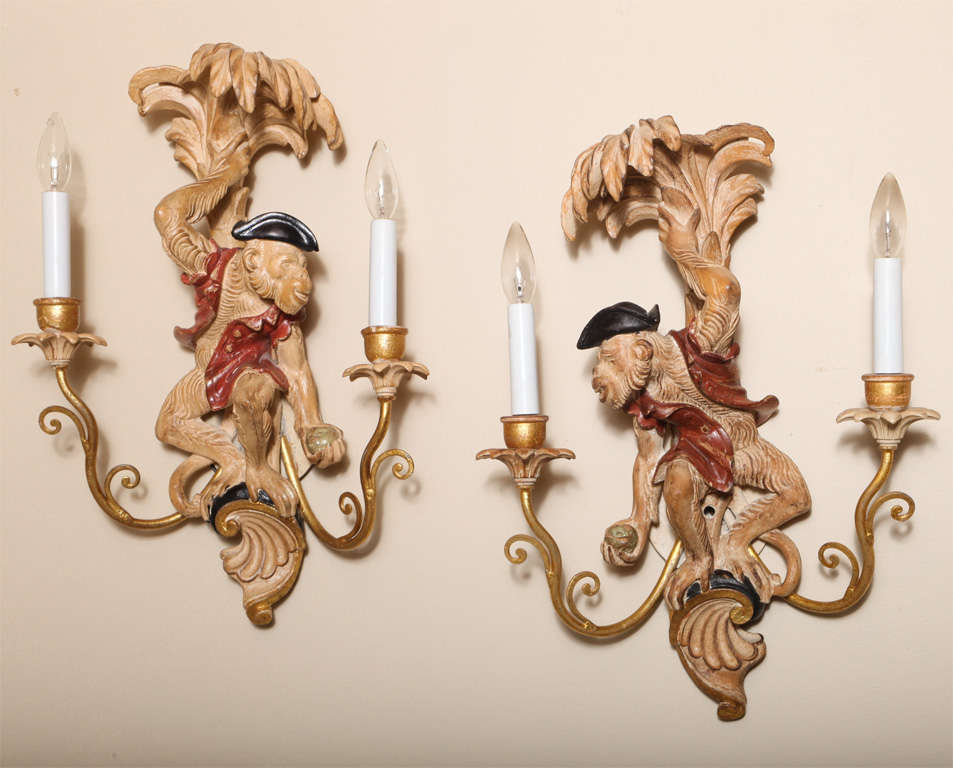 Whimiscal Pair of Carved Wood Monkey Sconces at 1stDibs | monkey sconce ...