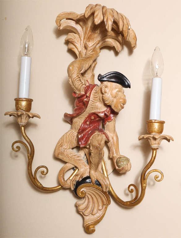 Whimiscal Pair of Carved Wood Monkey Sconces at 1stDibs | monkey sconce ...