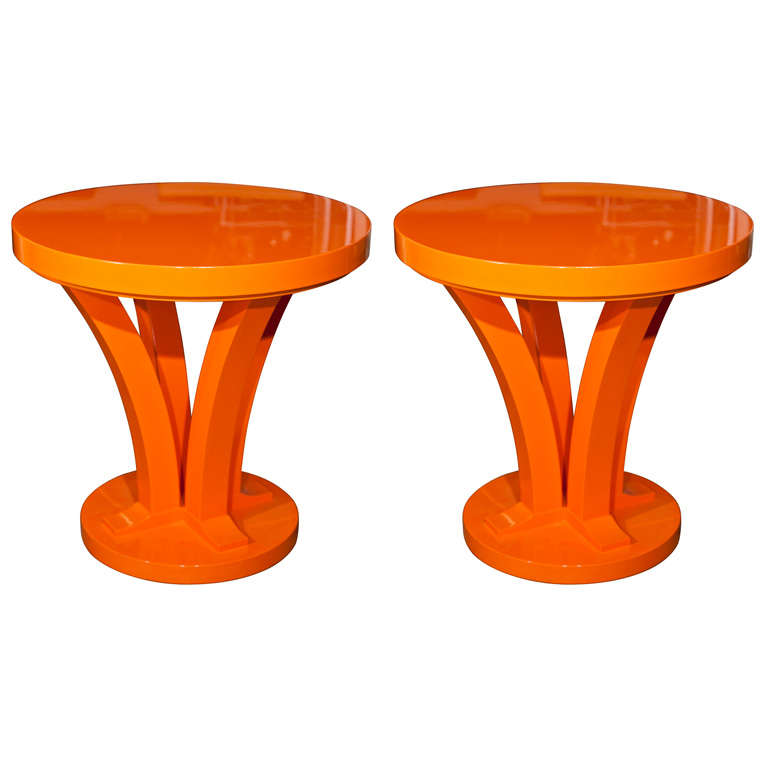 Pair Of Orange Lacquer Round Mid Century Tables at 1stDibs