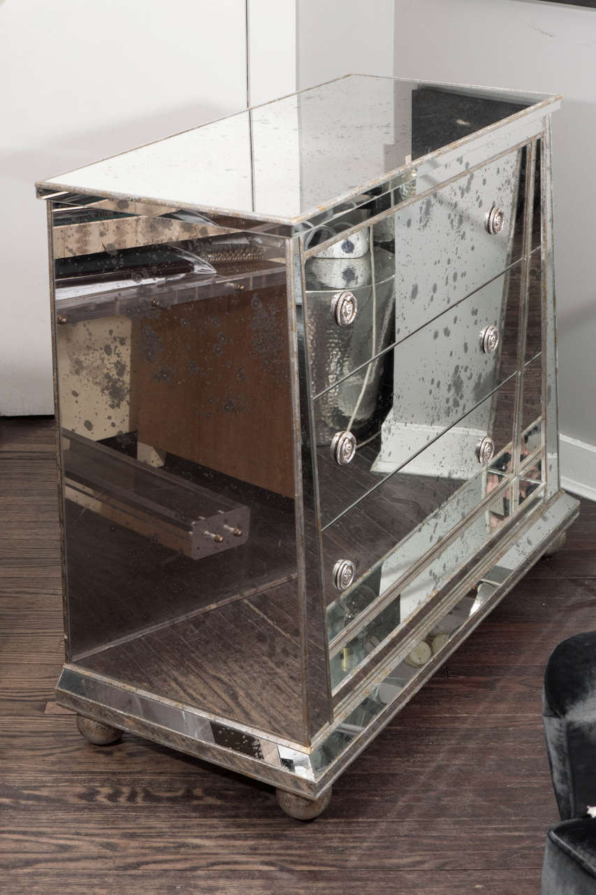 Custom Ball Foot Mirrored Commode with Silver Leaf Trim For Sale at 1stDibs