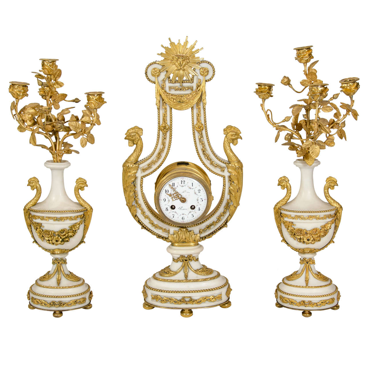 Antique French Louis XVI Style Gilt Bronze and White Marble Lyre Form ...