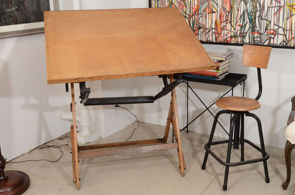 Antique French Wood Drafting Table and Stool For Sale at 1stDibs