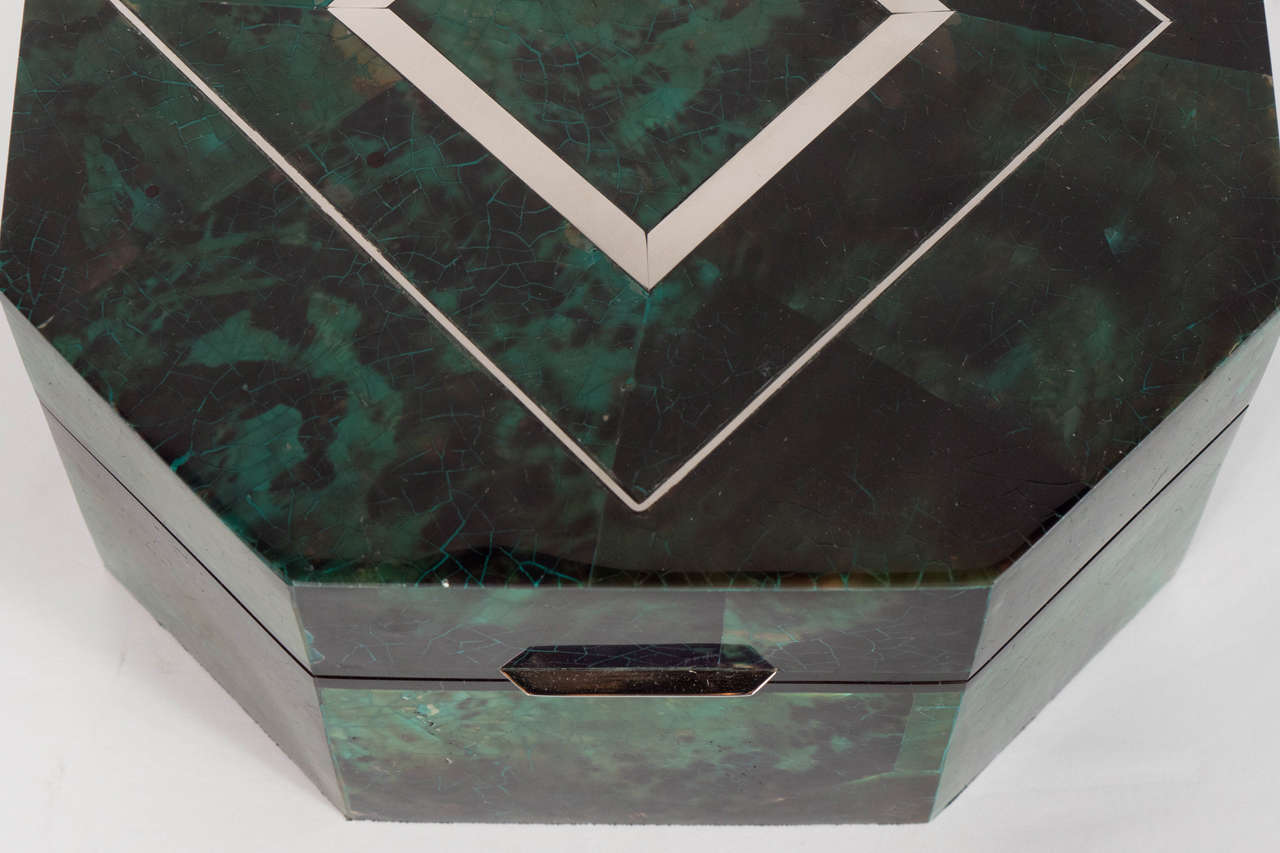 Octagonal, Dyed Penshell Emerald Box with Pearl Inlay at 1stDibs