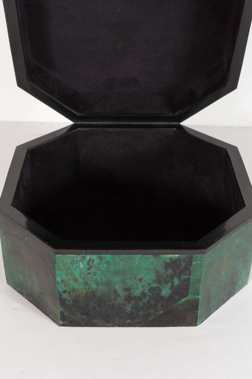 Octagonal, Dyed Penshell Emerald Box with Pearl Inlay at 1stDibs