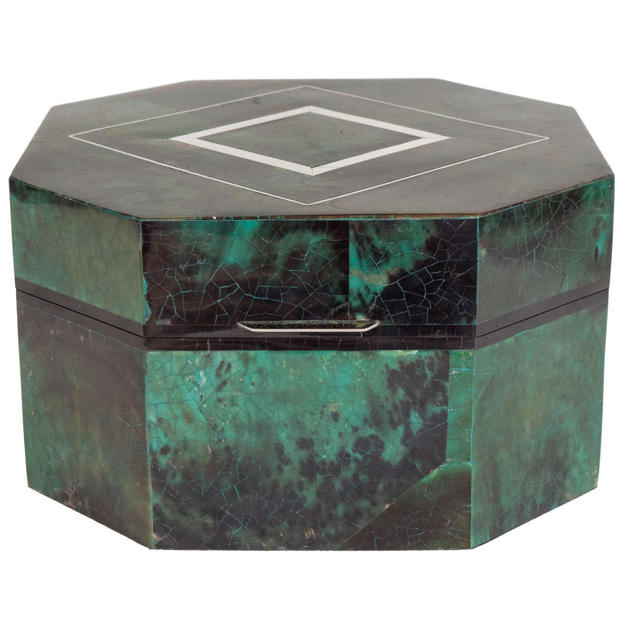 Octagonal, Dyed Penshell Emerald Box with Pearl Inlay at 1stDibs