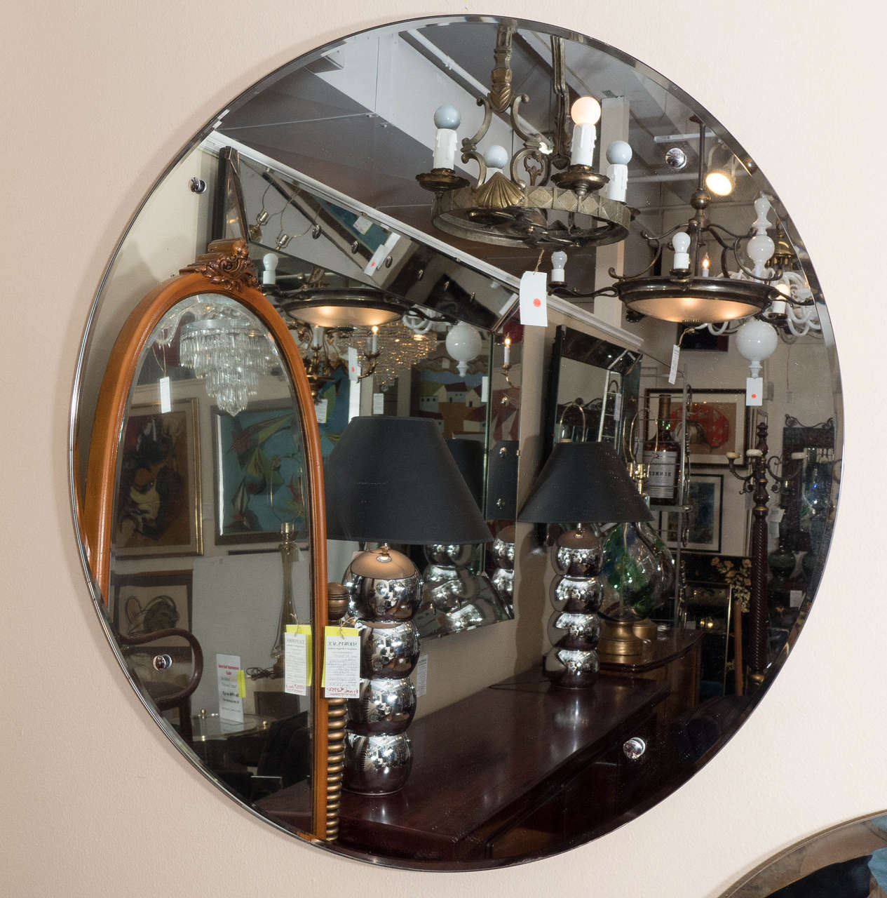 Round Frameless Art Deco Mirror with Chrome Buttons at 1stDibs