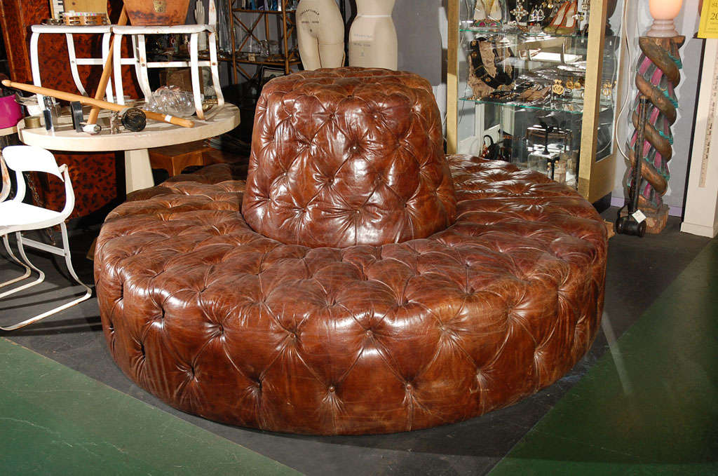 Huge Distressed Leather Circular Sofa/poof at 1stDibs