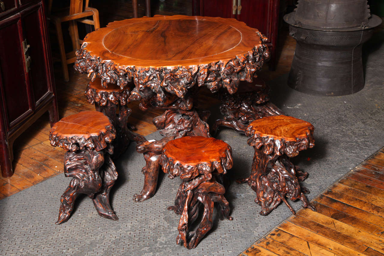 Vintage Chinese Unusual Root Table with Seating at 1stDibs