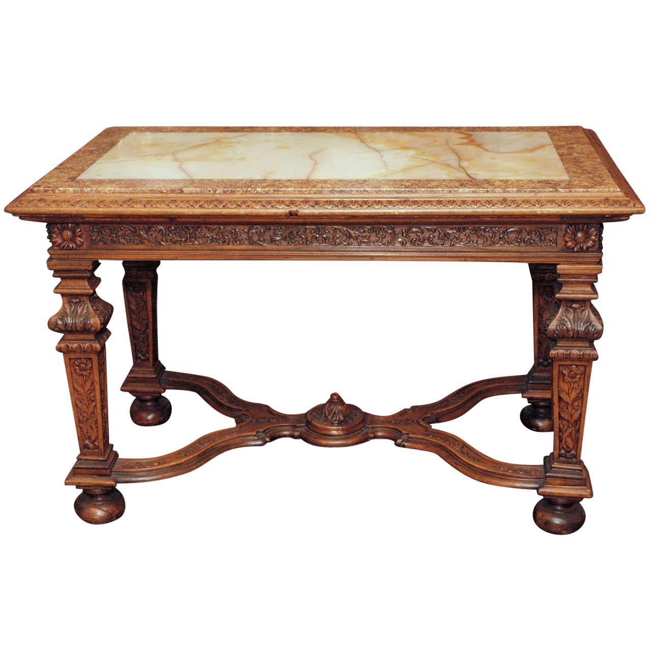 Antique French Carved Walnut Renaissance Marble Top Center Table circa ...