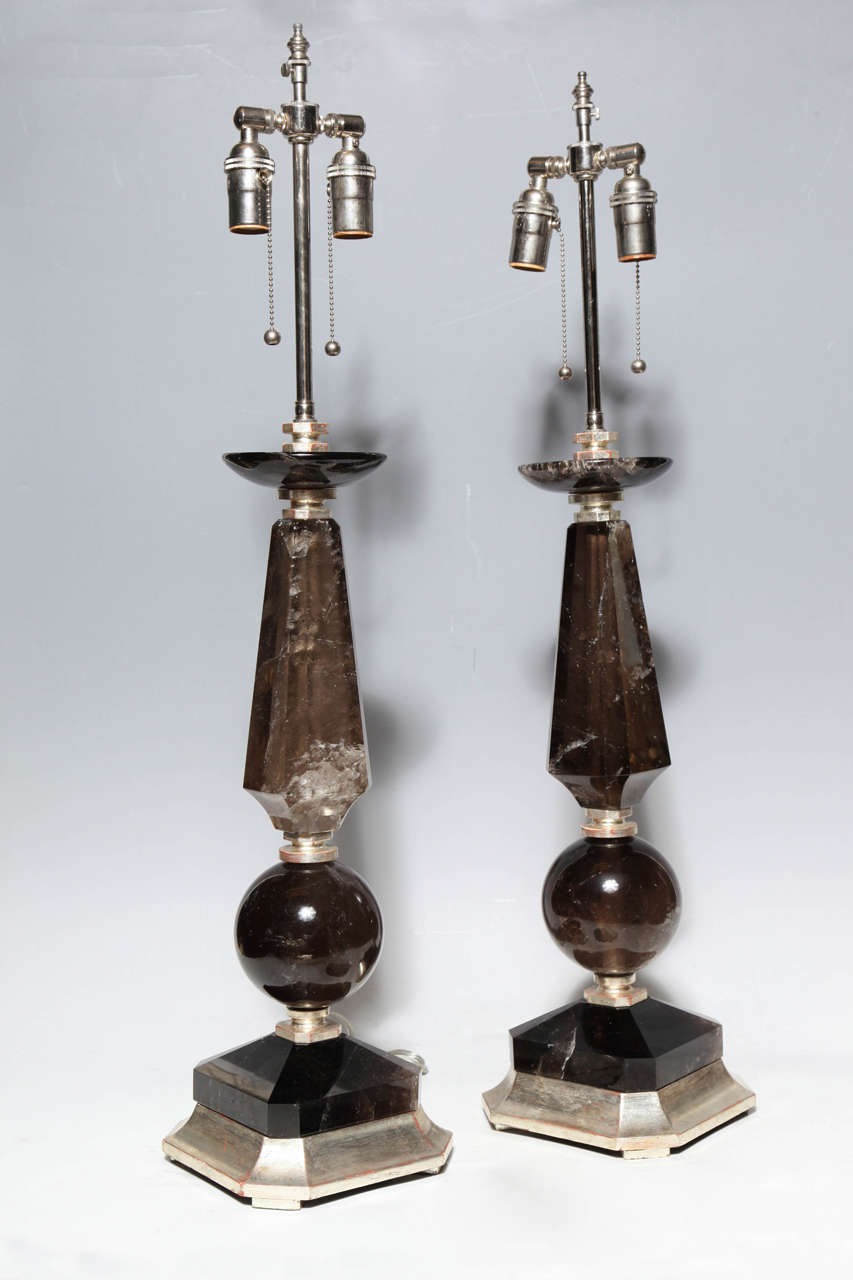 Pair of Smoky Rock Crystal Quartz Lamps with Silvered Wood Bases For ...