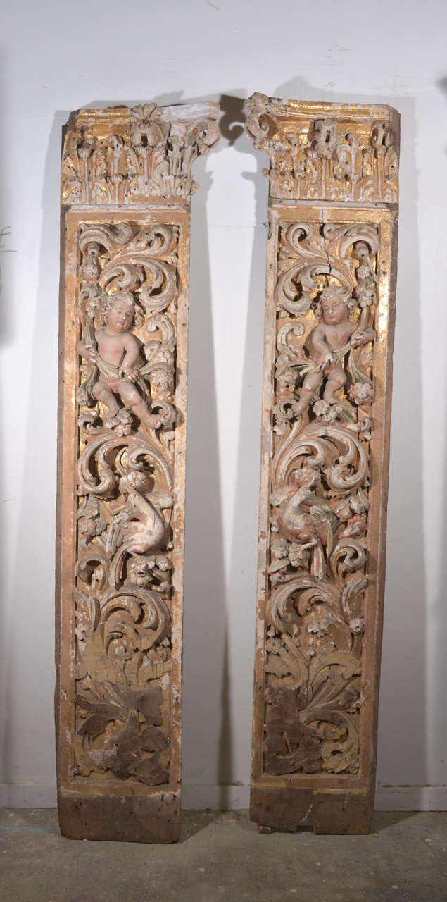 17th Century Baroque Portuguese Wood Carved Polychromed Panels at 1stDibs