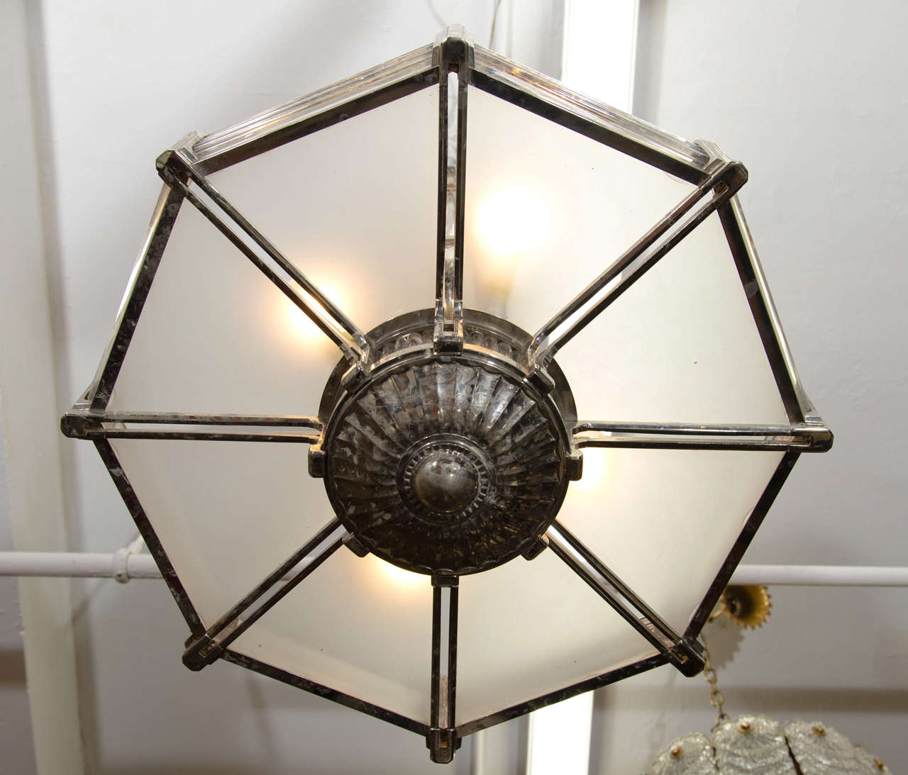 French Art Deco Silvered Bronze and Glass Octagonal Pendant at 1stDibs