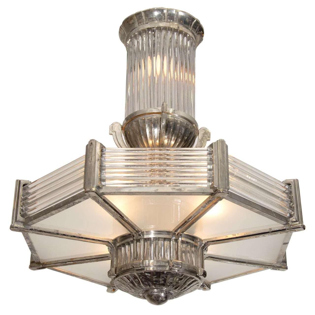 French Art Deco Silvered Bronze and Glass Octagonal Pendant at 1stDibs