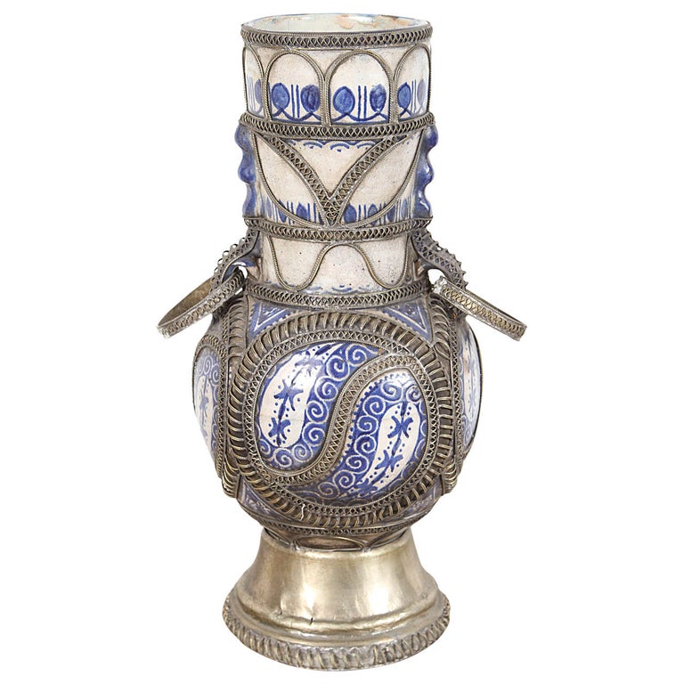Moorish Moroccan Blue and White Ceramic Vase from Fez with Silver ...