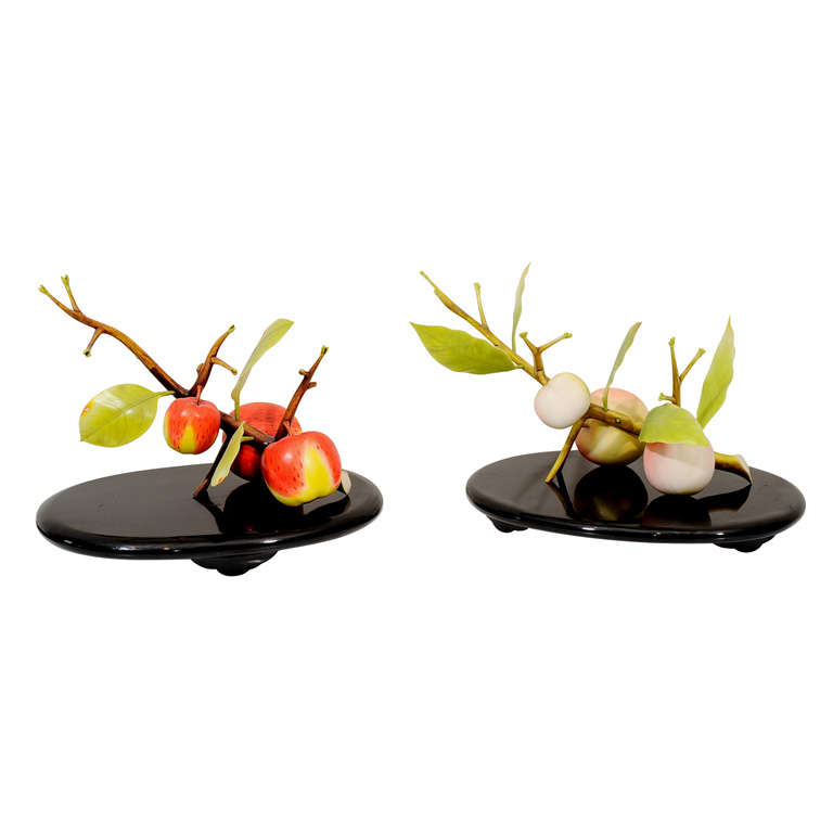 Two Signed Carved and Painted Japanese Ivory Fruit Sculptures. at 1stDibs